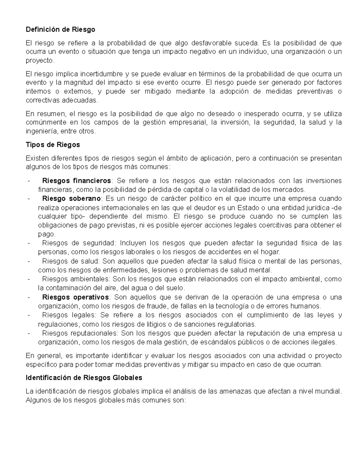 Definición de Riesgo - Definición de Riesgo El riesgo se refiere a la ...