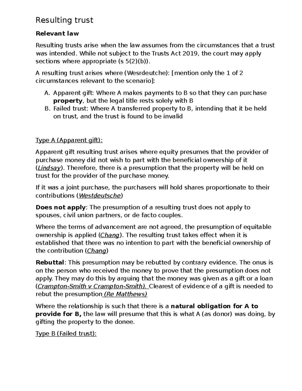 Resulting trusts - Resulting trust Relevant law Resulting trusts arise ...