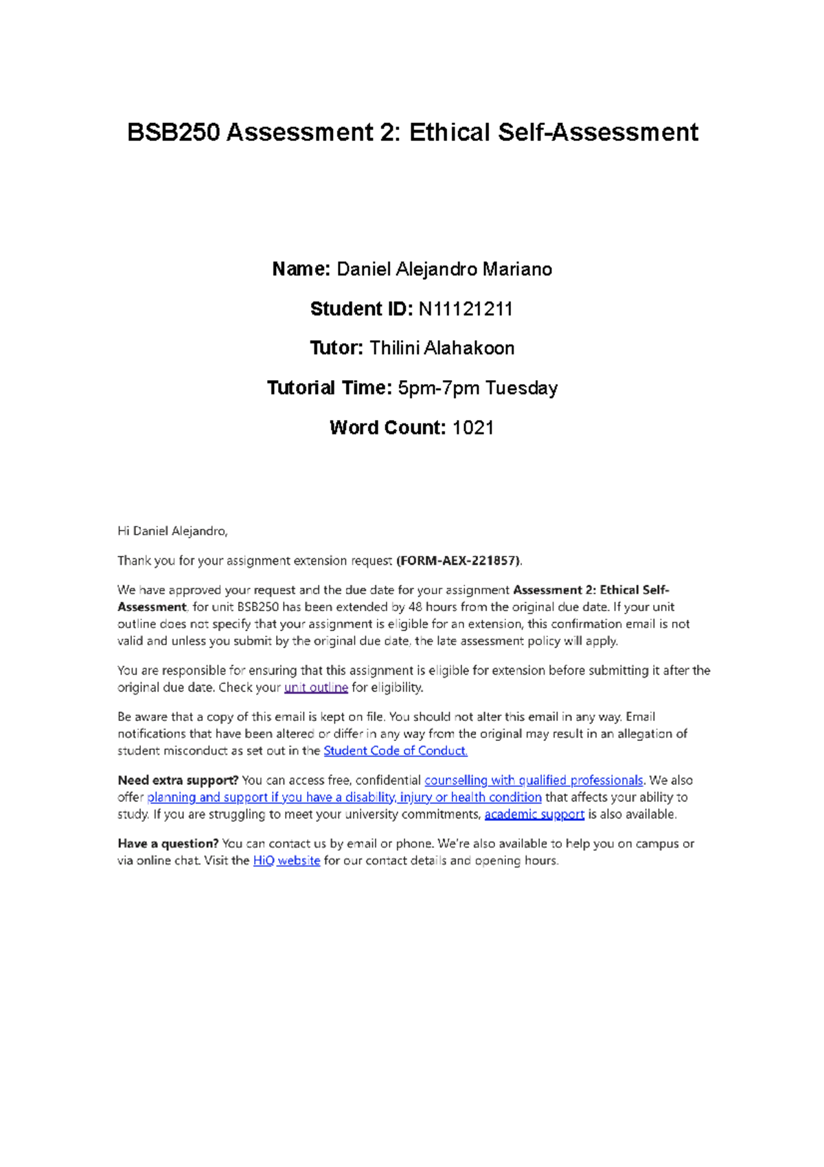BSB250 Assessment 2 - Daniel Mariano - BSB250 Assessment 2: Ethical ...