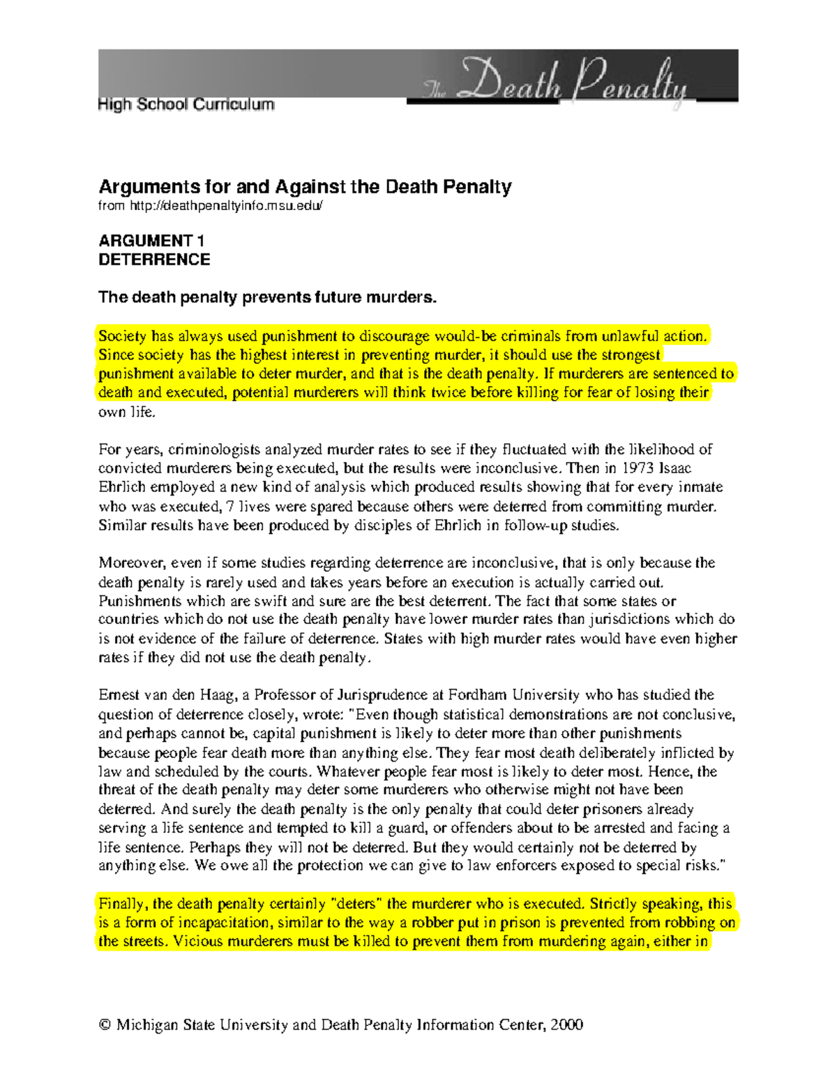 Arguments LAW MATERIALS - Arguments for and Against the Death Penalty ...