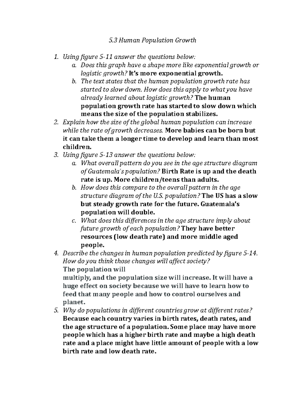 5-3 Questions 3 - 5 Human Population Growth 1. Using figure 5-11 answer ...