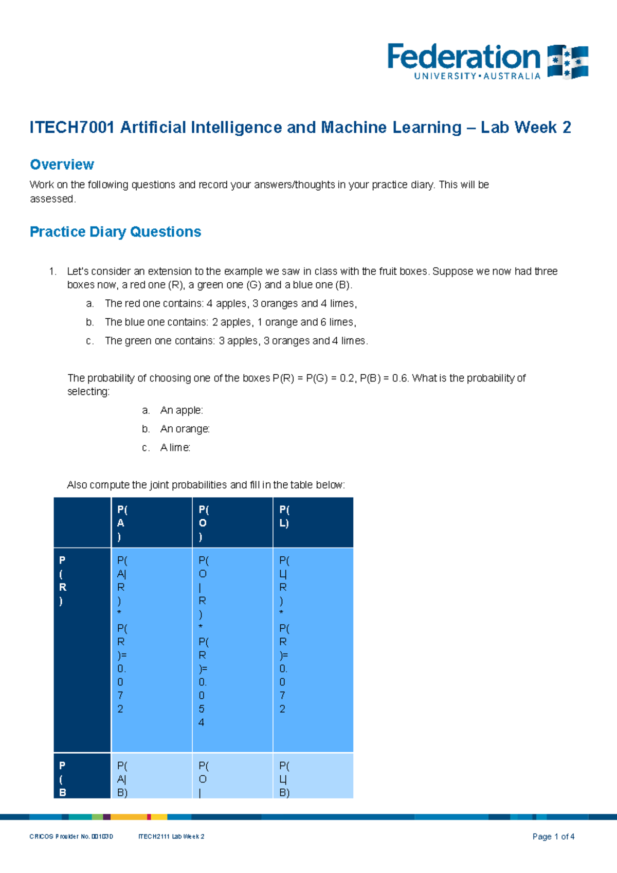Itech 7001 Lab Week 2 - ASSIGNMENTS - ITECH7001 Artificial Intelligence and Machine Learning ...