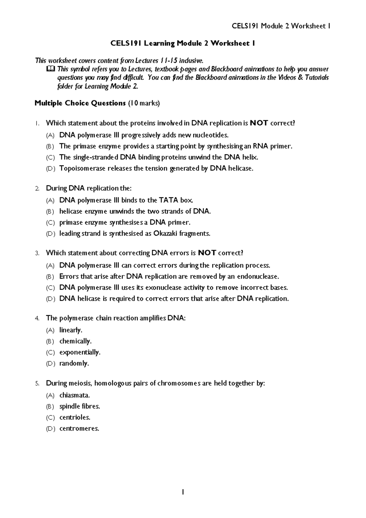 CELS191 Module 2Worksheet 1Questions 2019 - CELS191 Learning Module 2 ...
