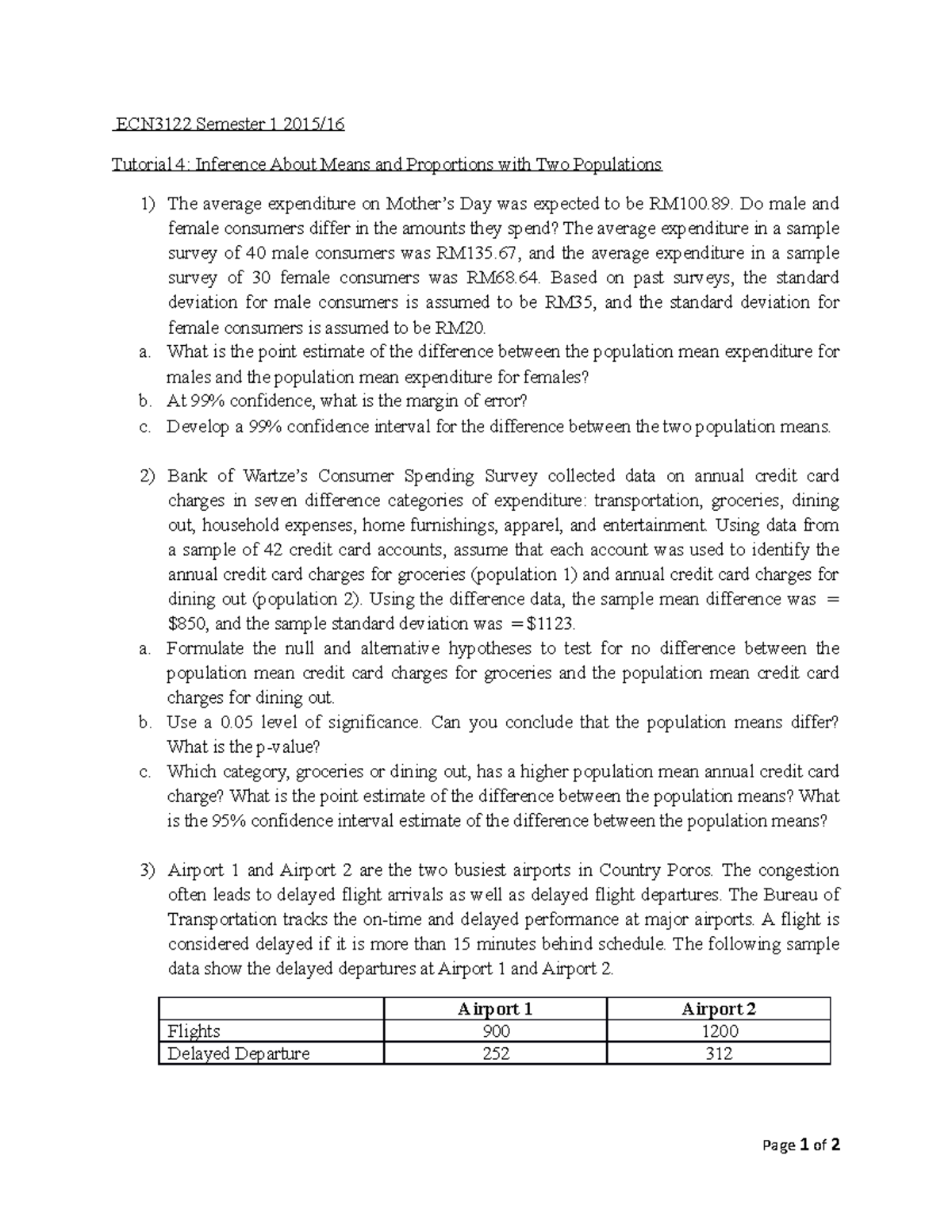 Tutorial 4 Sem 2 2020-21 - ECN3122 Semester 1 2015/ Tutorial 4: Inference About Means and - Studocu