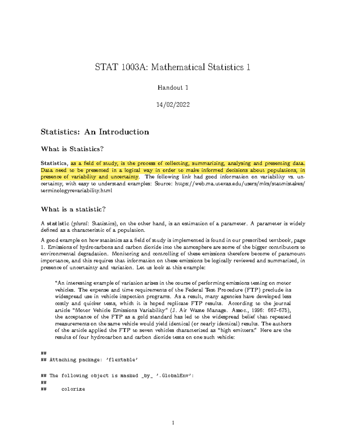 Notes Handout-1 2022 - STAT 1003A: Mathematical Statistics 1 Handout 1 ...