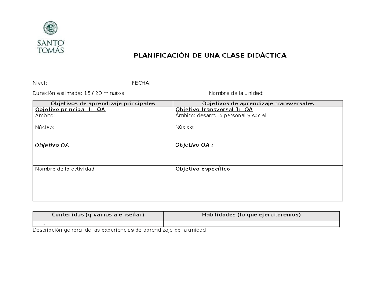 Formato de planificaci Ã³n p Ã¡rvulo - PLANIFICACIÓN DE UNA CLASE DIDÁCTICA Nivel: FECHA ...