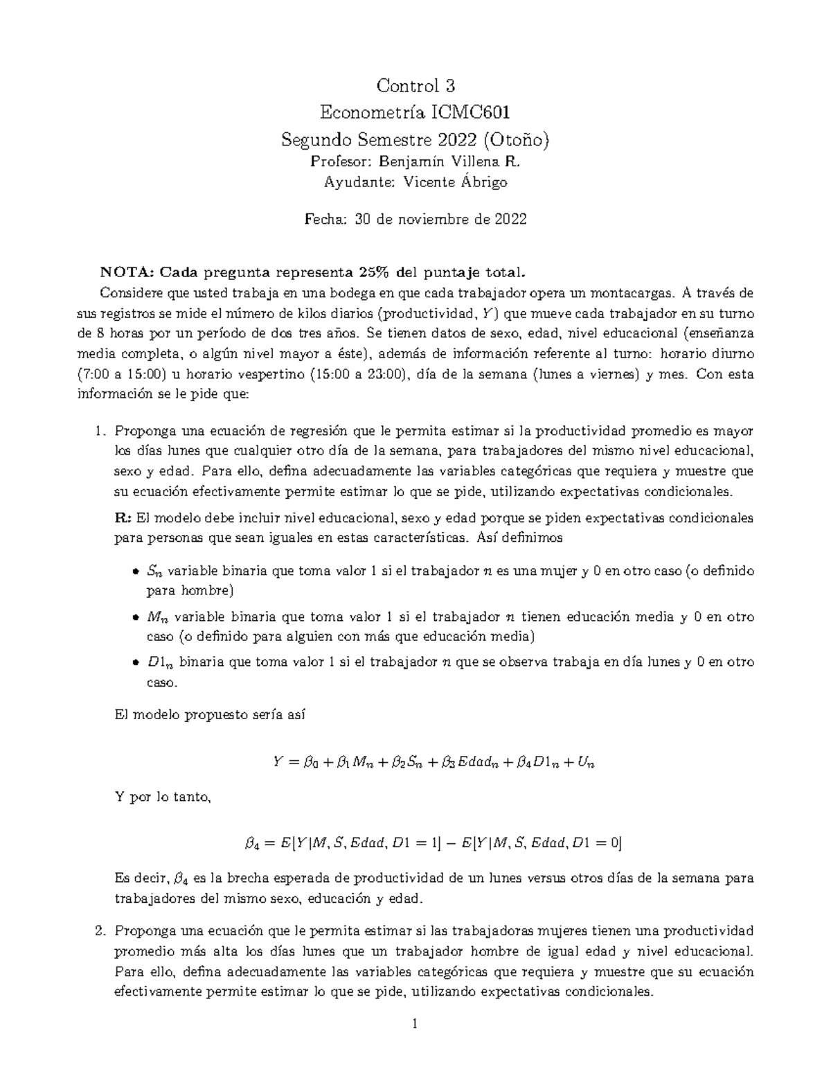 Pauta control 3 2022 2 unab - Control 3 Econometr ́ıa ICMC Segundo Semestre 2022 (Oto ̃no ...