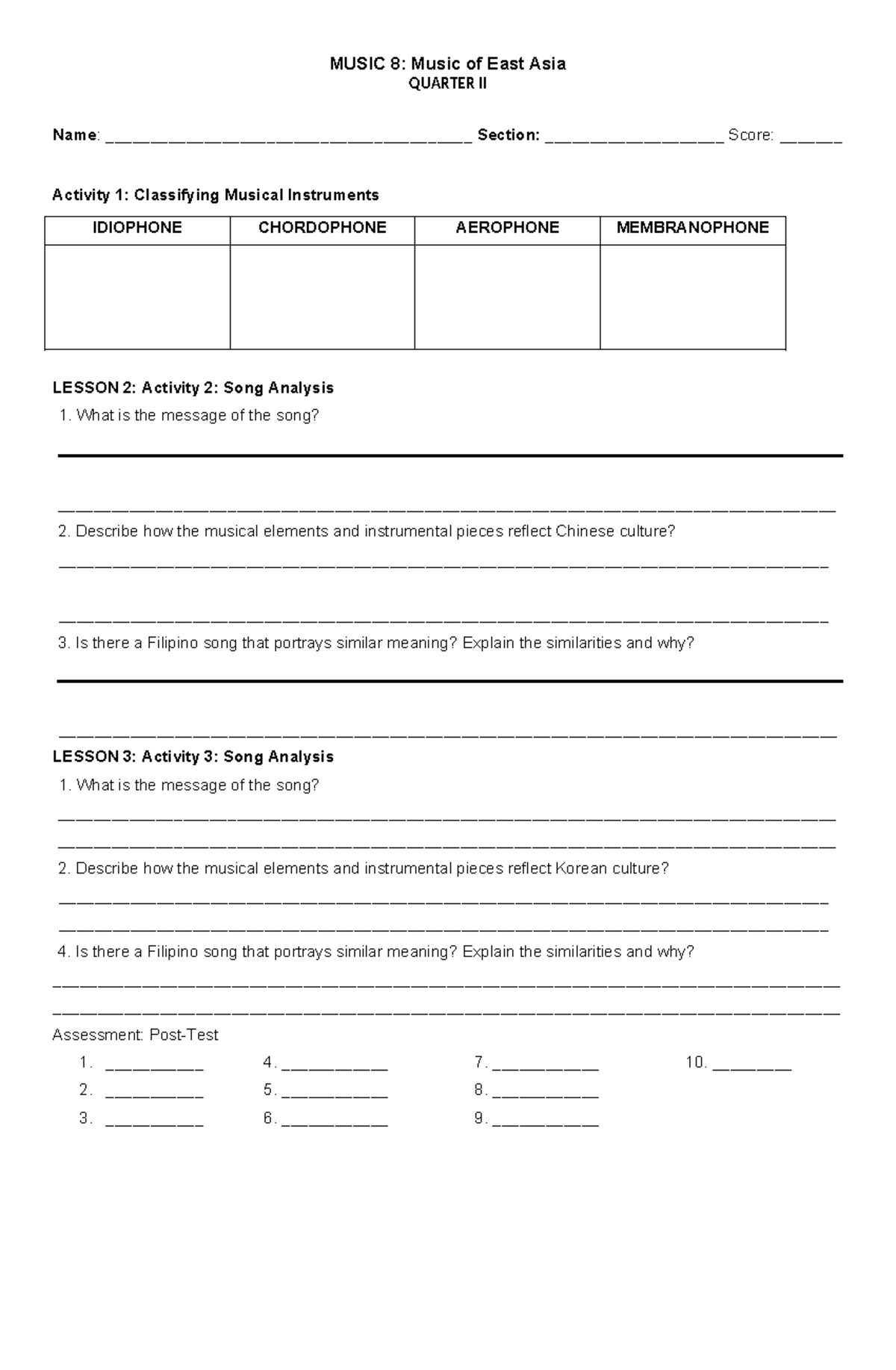 Music Arts answer sheet Q2 - MUSIC 8: Music of East Asia QUARTER II ...