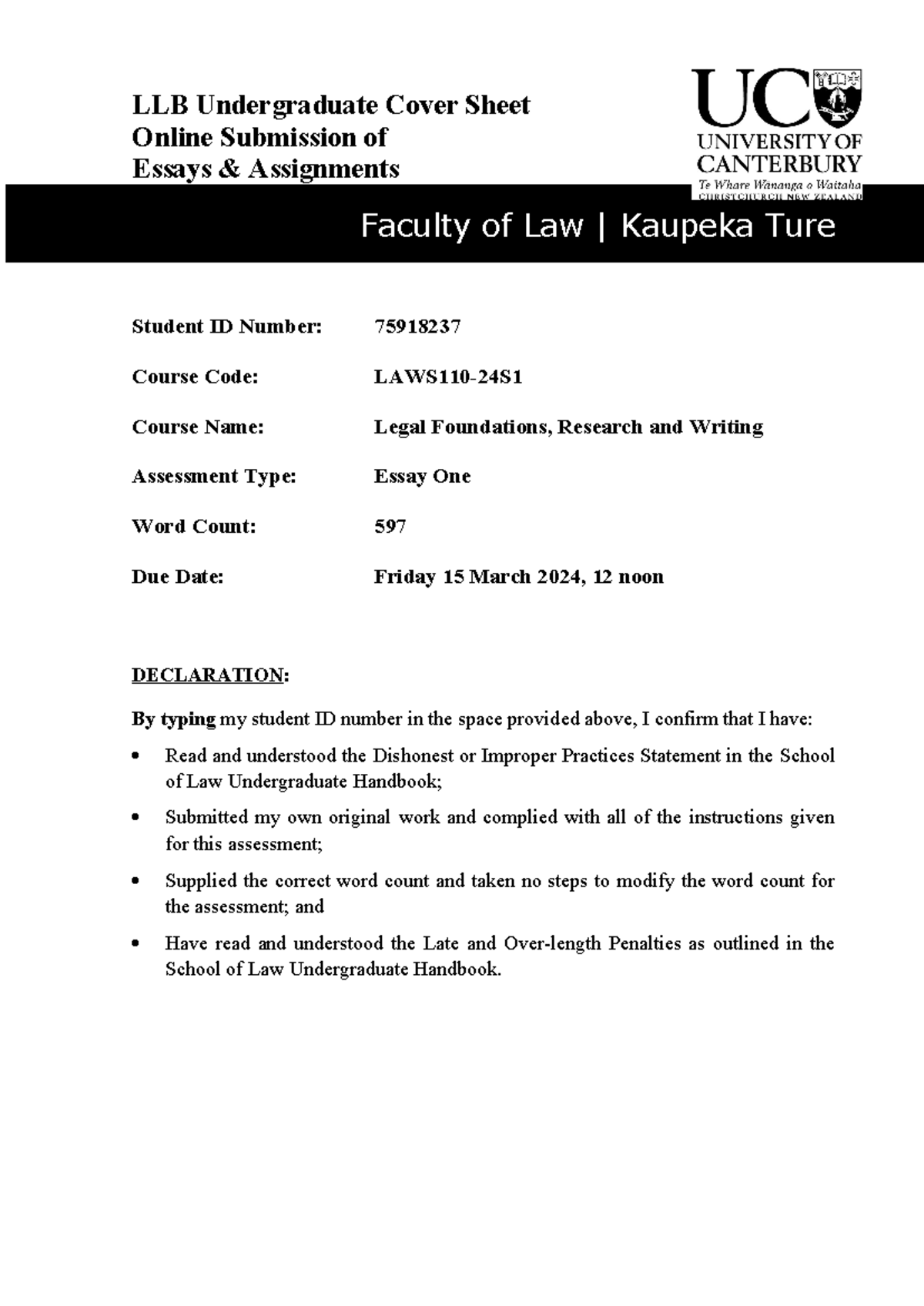 LAWS 110 - Essay 1 What is Law as a Concept - LLB Undergraduate Cover ...