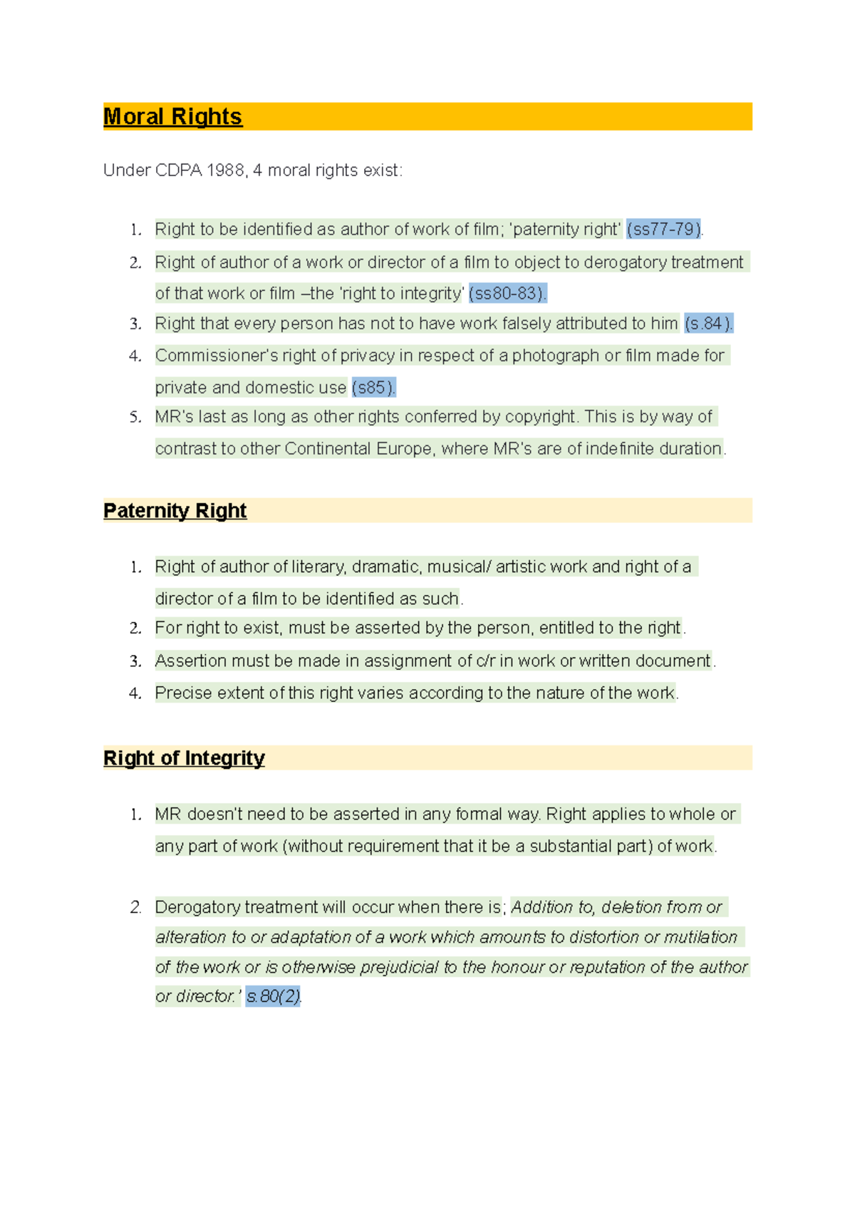 Moral Rights - Structures notes. - Moral Rights Under CDPA 1988, 4 ...