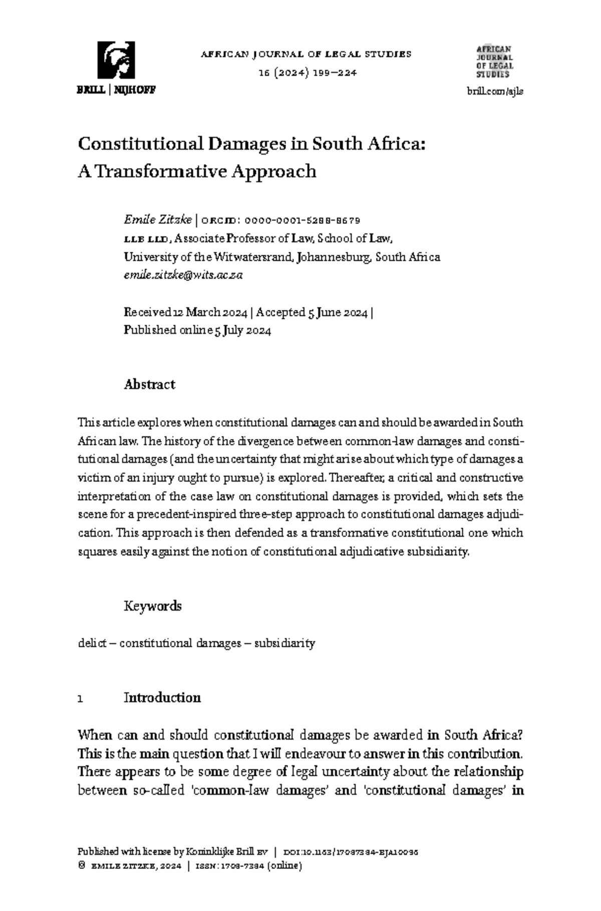 Zitzke Constitutional Damages 2024 AJLS - Published with license by ...