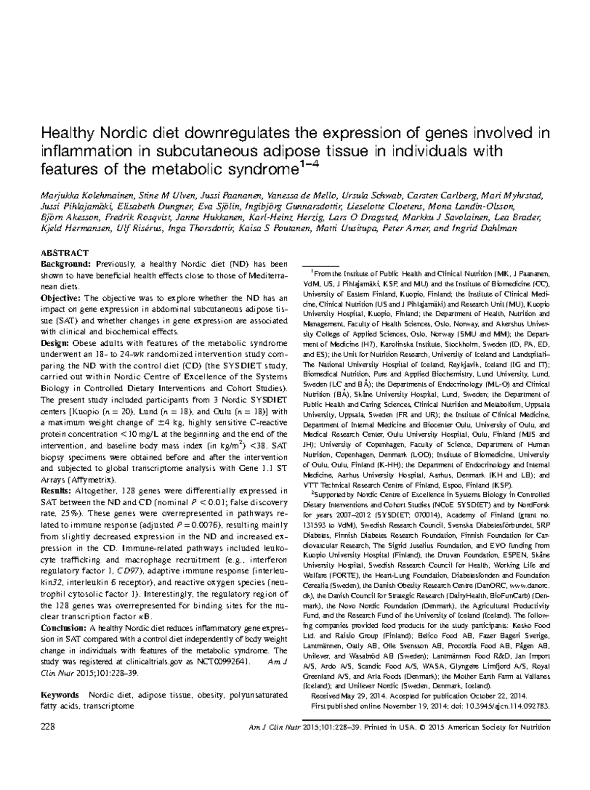 Nordic diet - Nutri - Healthy Nordic diet downregulates the expression ...