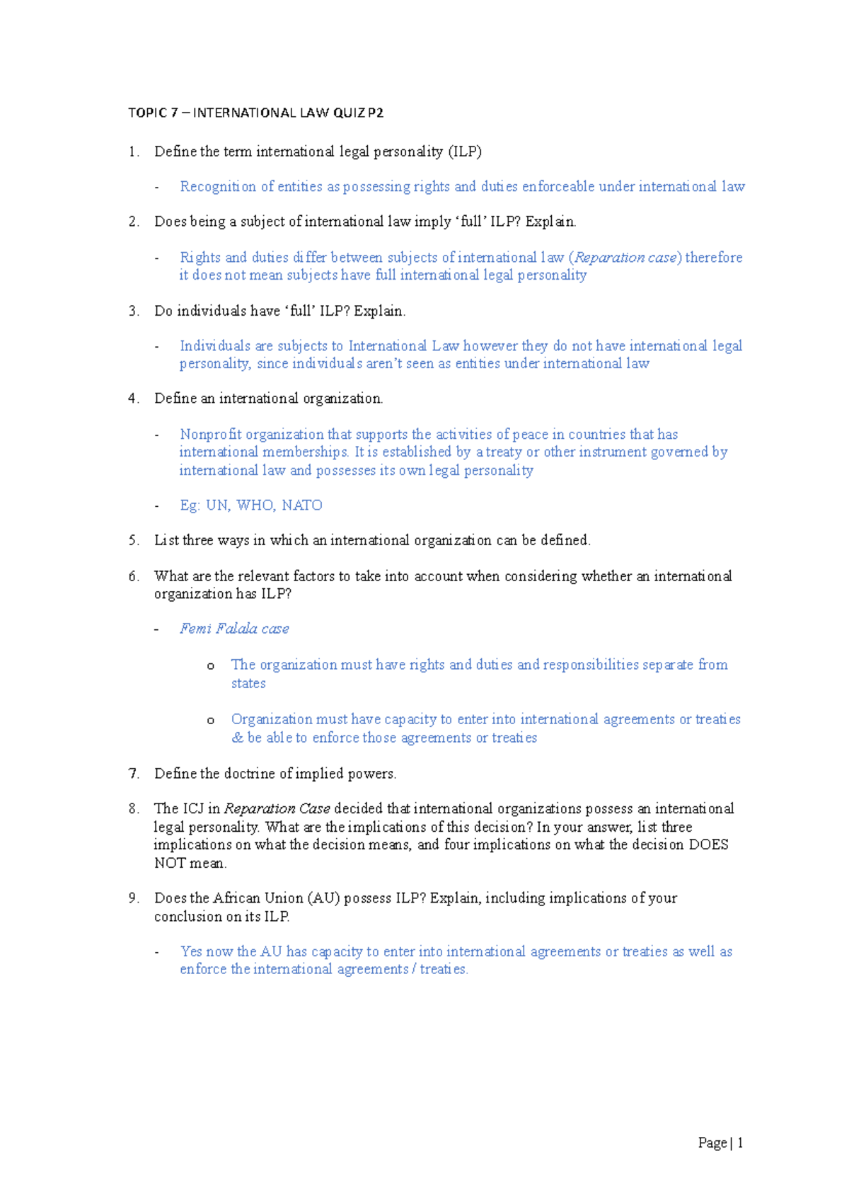 Topic 7 – International LAW QUIZ P2 - TOPIC 7 – INTERNATIONAL LAW QUIZ ...