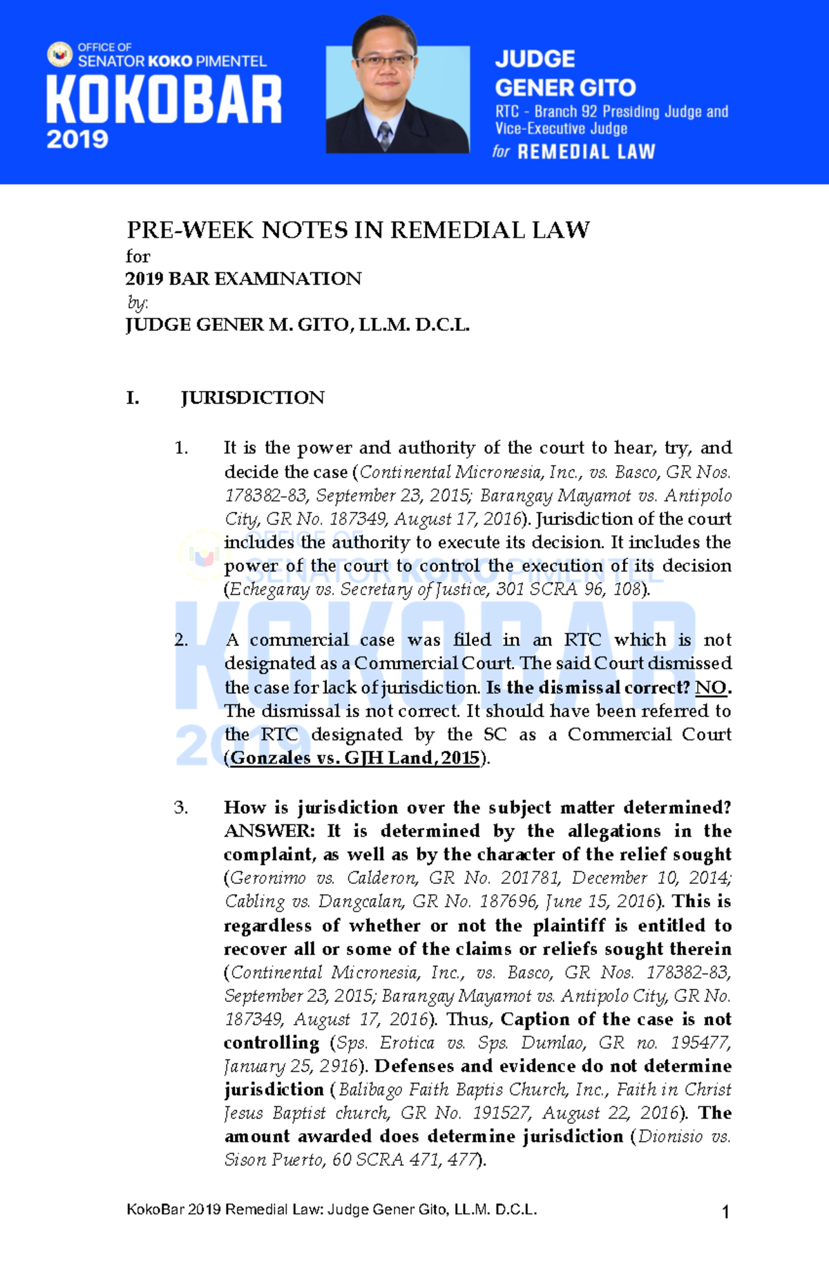 Koko Bar 2019 Judge Gener Gito Remedial law - KokoBar 2019 Remedial Law ...