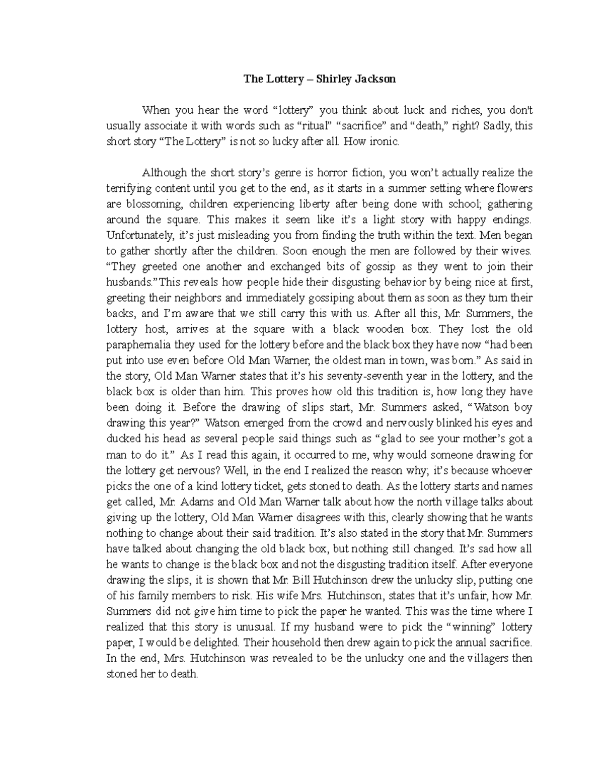 Analysis of "The Lottery" by Shirley Jackson - The Lottery – Shirley ...