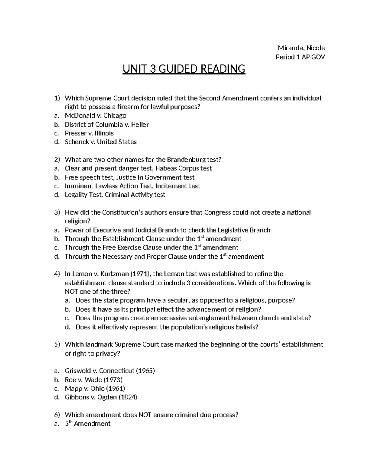 Doc6 - Miranda, Nicole Period 1 AP GOV UNIT 3 GUIDED READING 1) Which ...