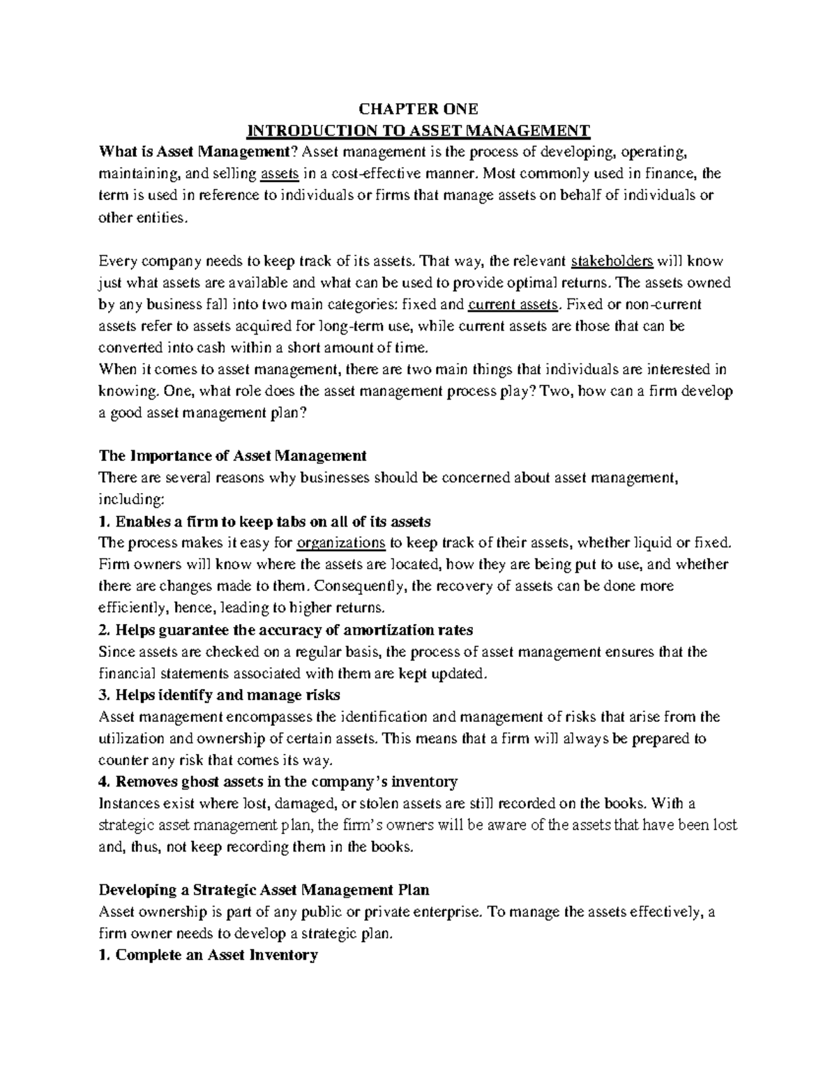 BCF 412 Topic I - Well analysed - CHAPTER ONE INTRODUCTION TO ASSET ...