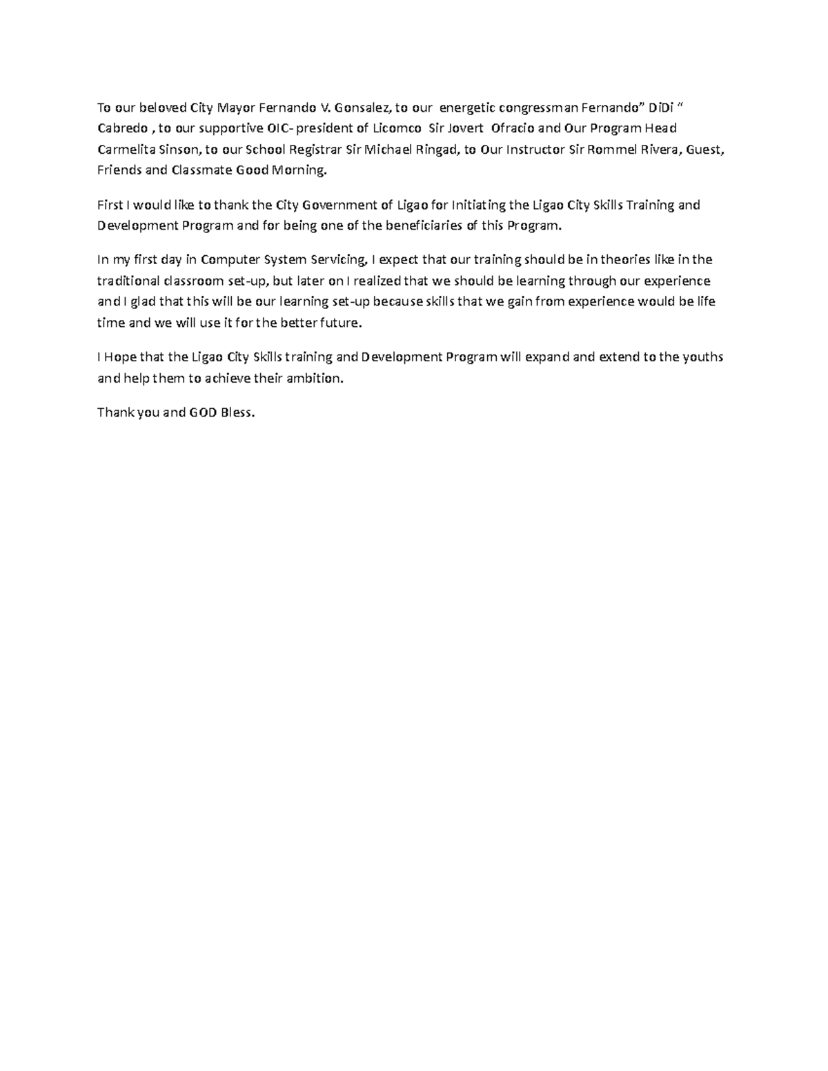 Speech - lesson - To our beloved City Mayor Fernando V. Gonsalez, to ...