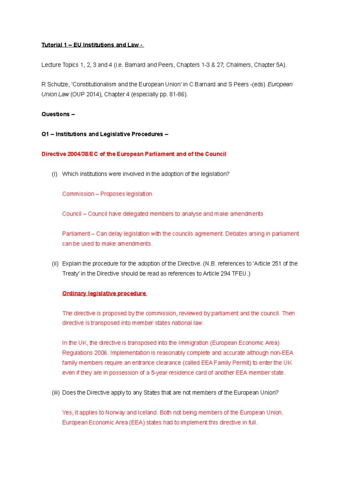 Tutorial 1 - Tutorial 1 EU Institutions and Law Lecture Topics 1, 2, 3 ...
