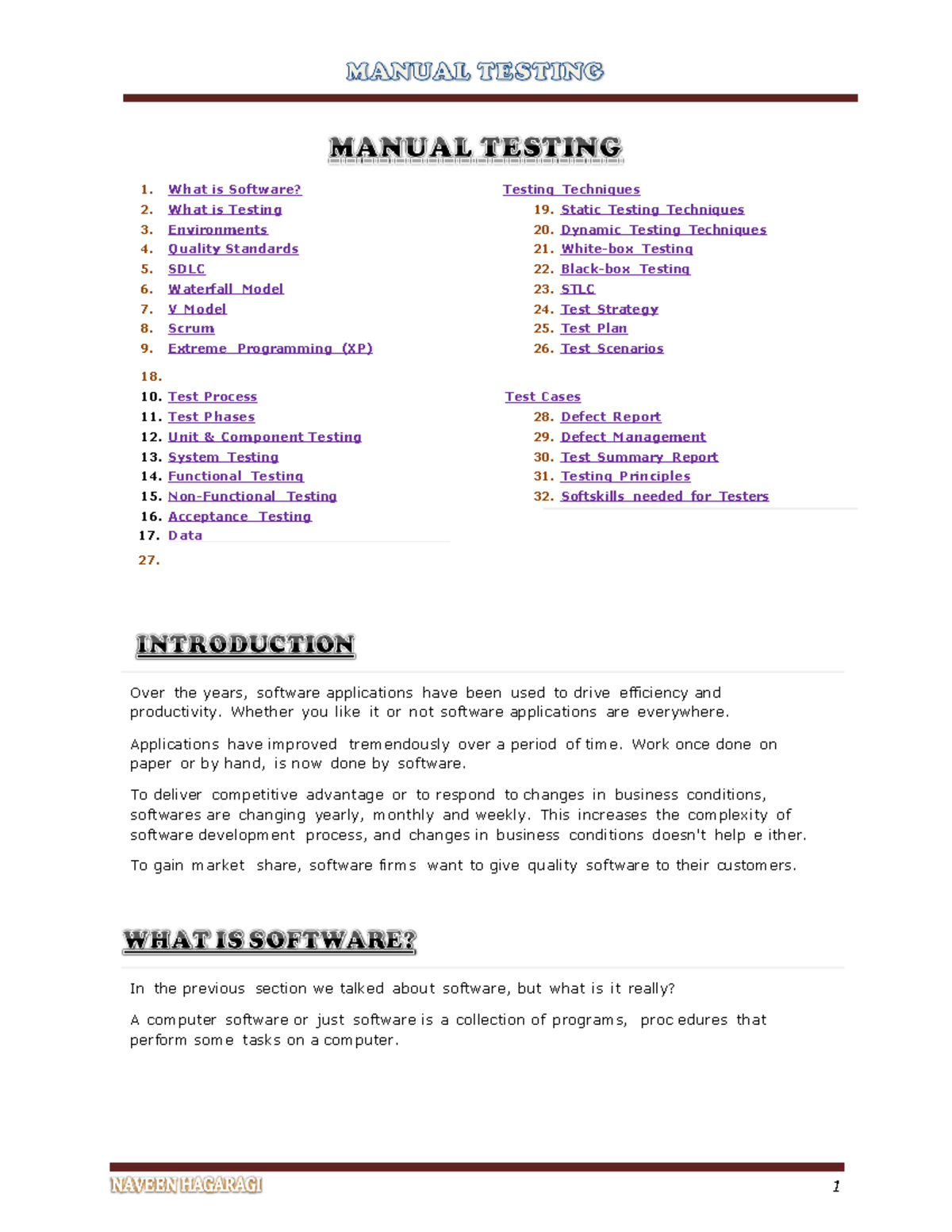 Manual Testing Notes 1 What Is Software What Is Testing Environments Quality Standards Sdlc 