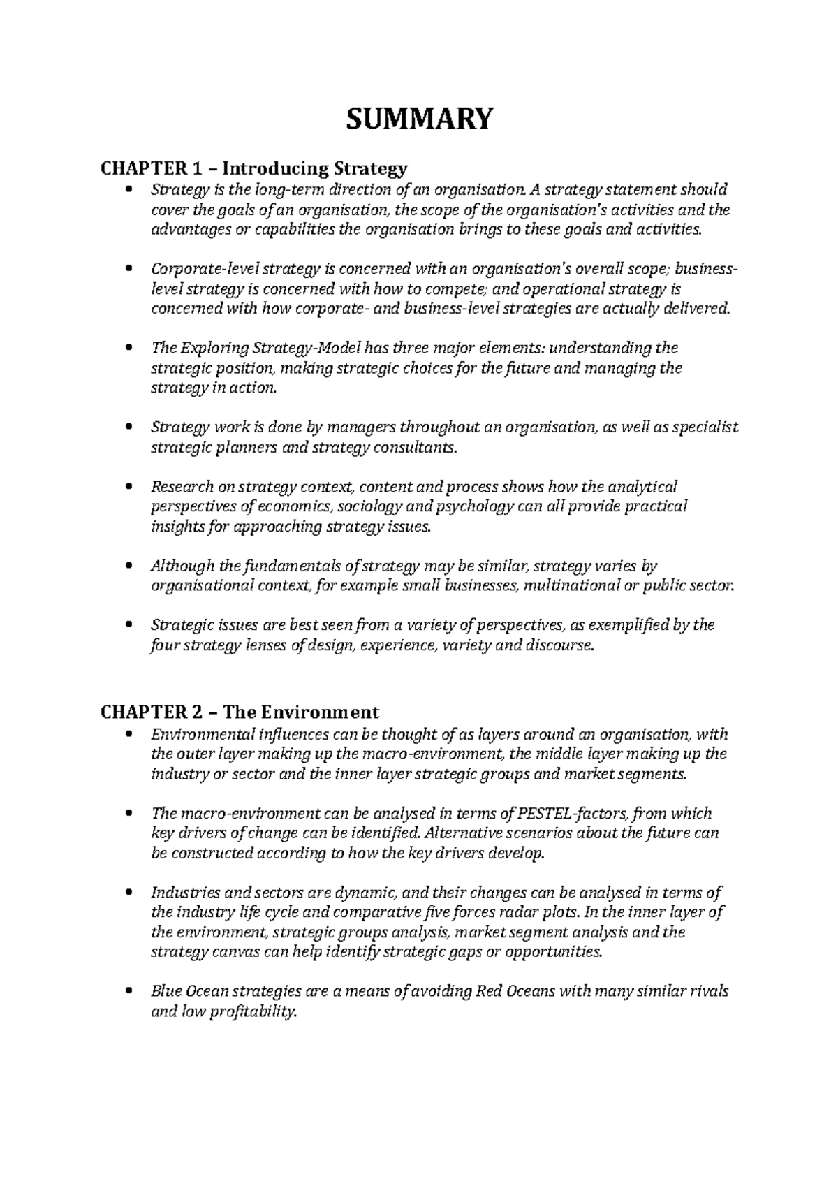 Summary Exploring Strategy - SUMMARY CHAPTER 1 Introducing Strategy ...