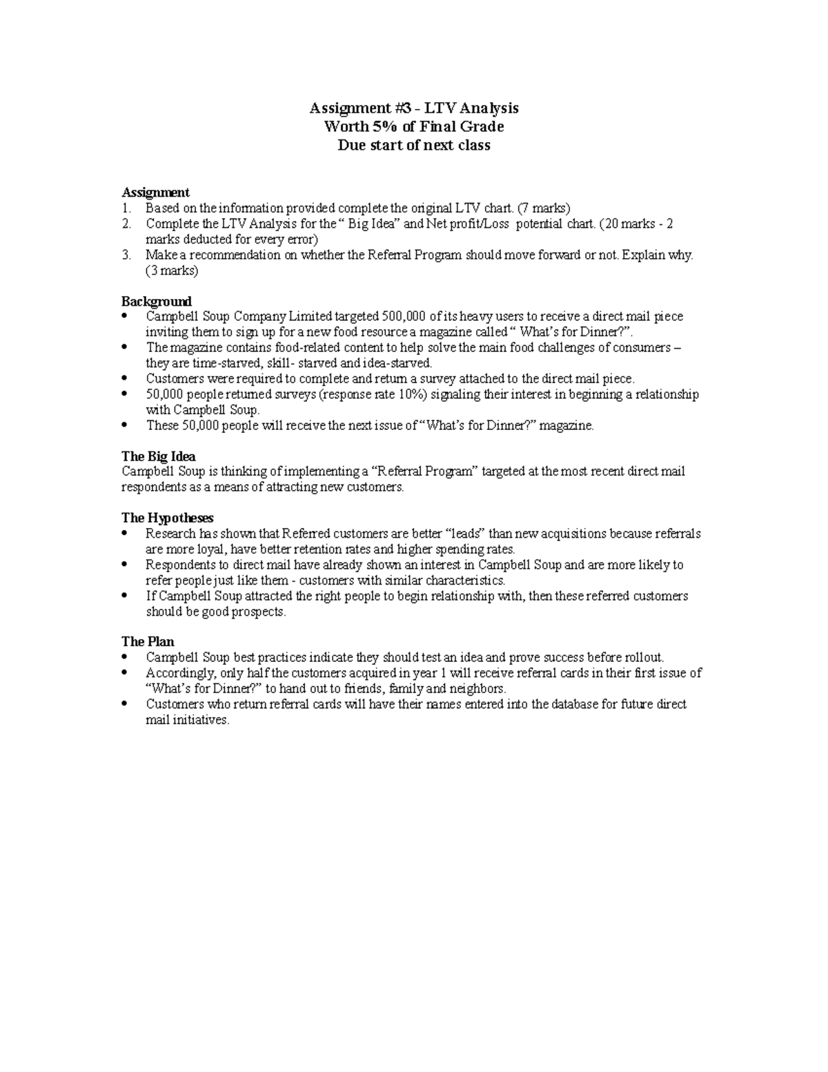 LTV assignment database marketing assignment - Assignment #3 - LTV Analysis Worth 5% of Final ...