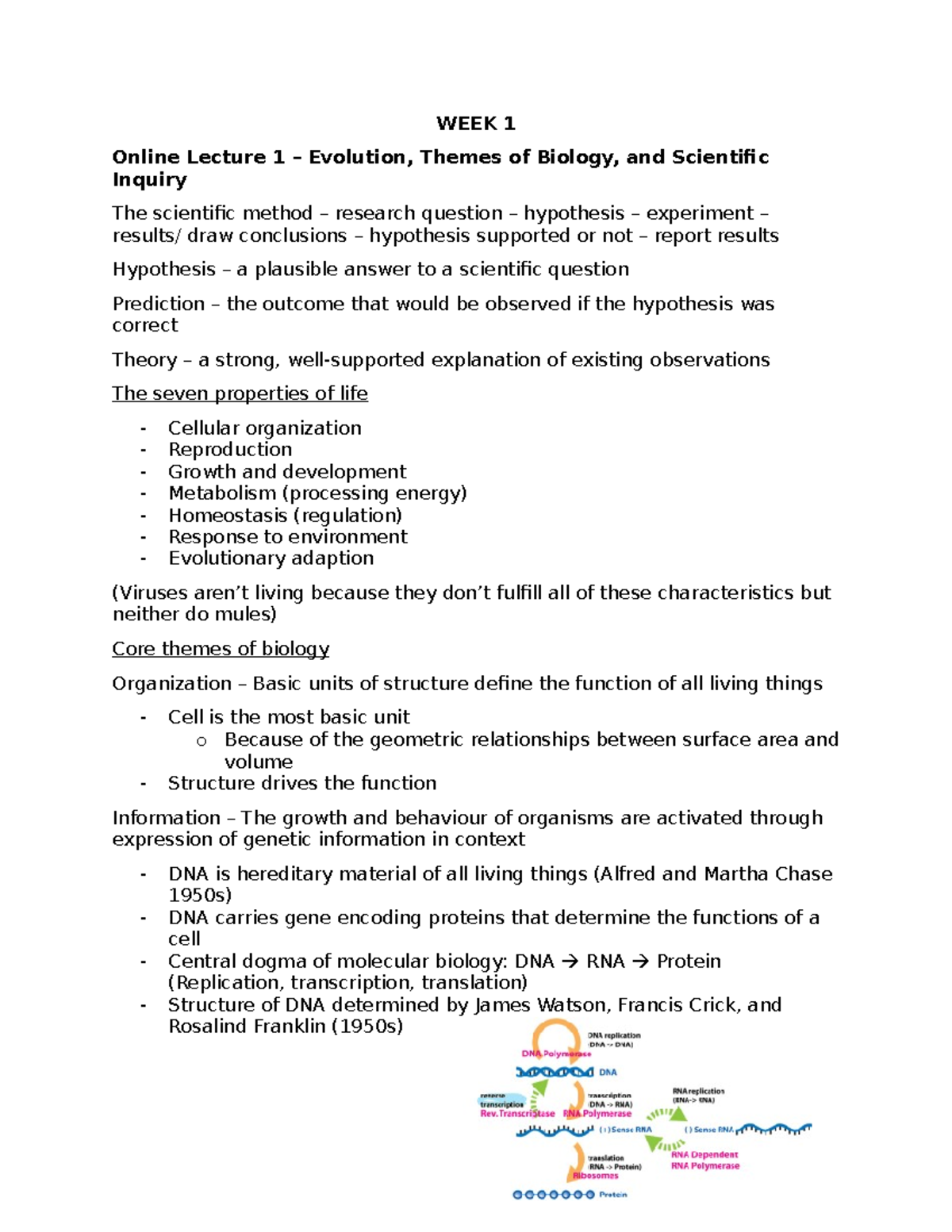 Biology online lecture 1 notes - WEEK 1 Online Lecture 1 – Evolution ...