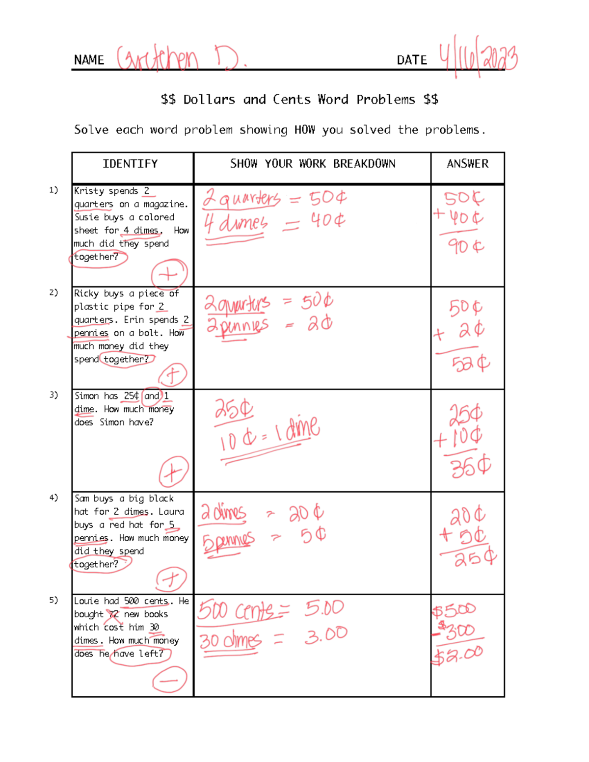 Math Answer sheet - NAME DATE $$ Dollars and Cents Word Problems ...