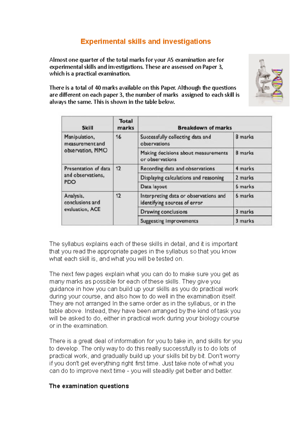 Experimental skills and investigations - The next few pages explain ...