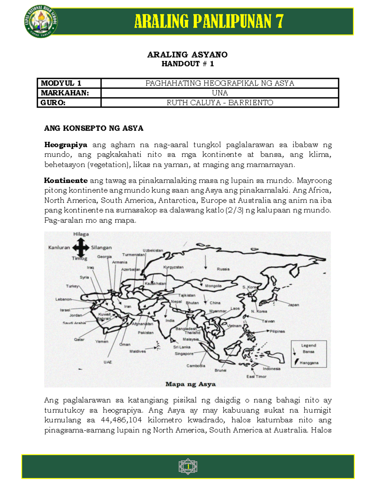 AP 7 Q1 Handout Modyul 1 WEEK1 - ARALING ASYANO HANDOUT # 1 MODYUL 1 PAGHAHATING HEOGRAPIKAL NG ...