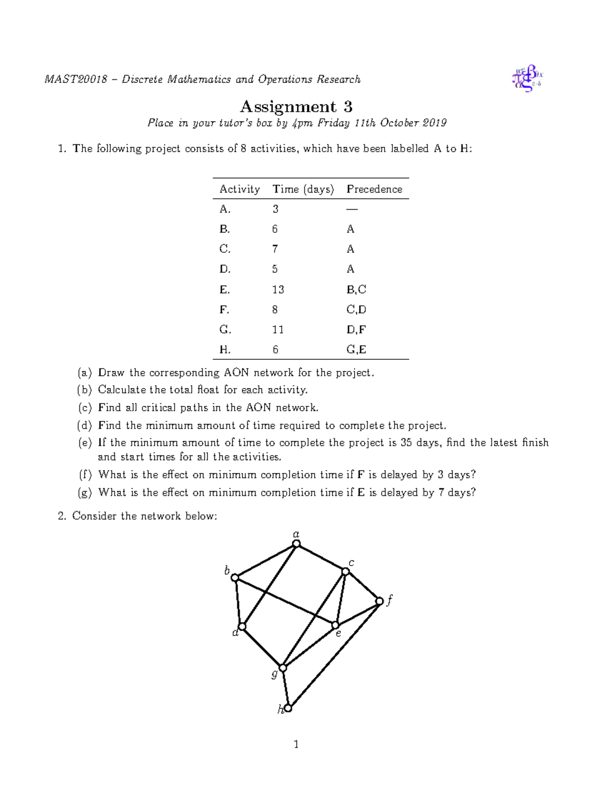 Ass3 2019 - 2019 ASS3 - MAST20018 – Discrete Mathematics and Operations Research Assignment 3 ...
