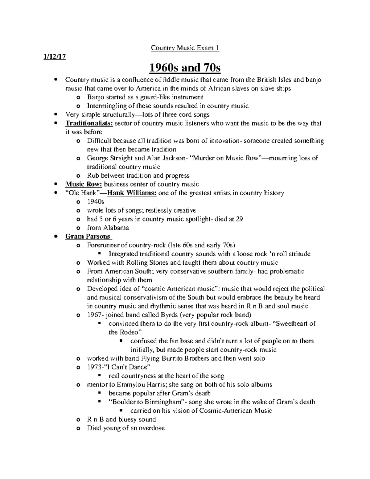 Country music notes - Country Music Exam 1 1/12/ 1960s and 70s Country ...