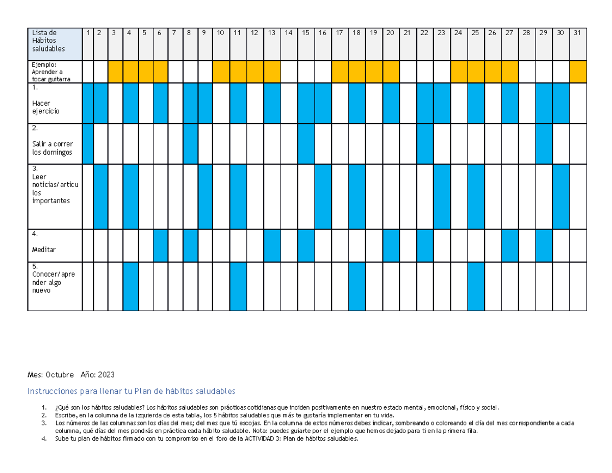 Mi Plan de hábitos saludables JT - Lista de Hábitos saludables 1 2 3 4 ...