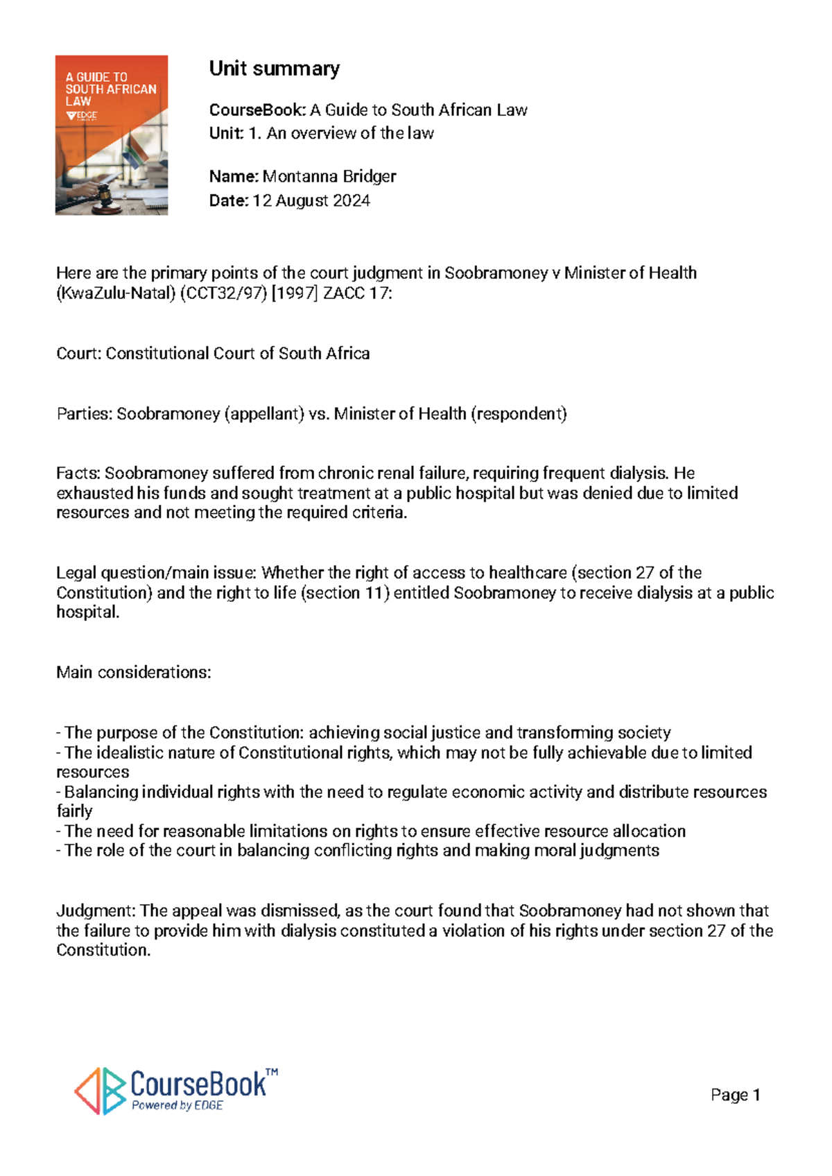 1. An overview of the law - Unit Summary - Unit summary CourseBook: A ...