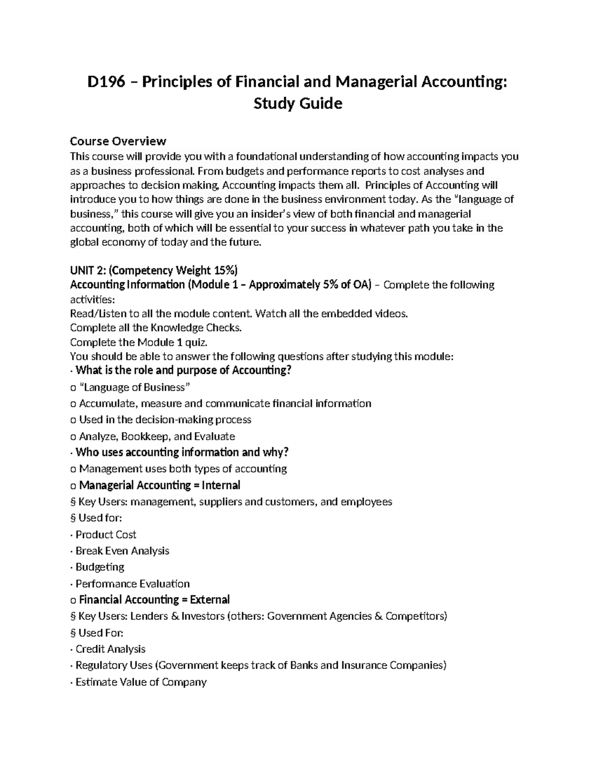 D196 Study Guide - D196 – Principles of Financial and Managerial ...