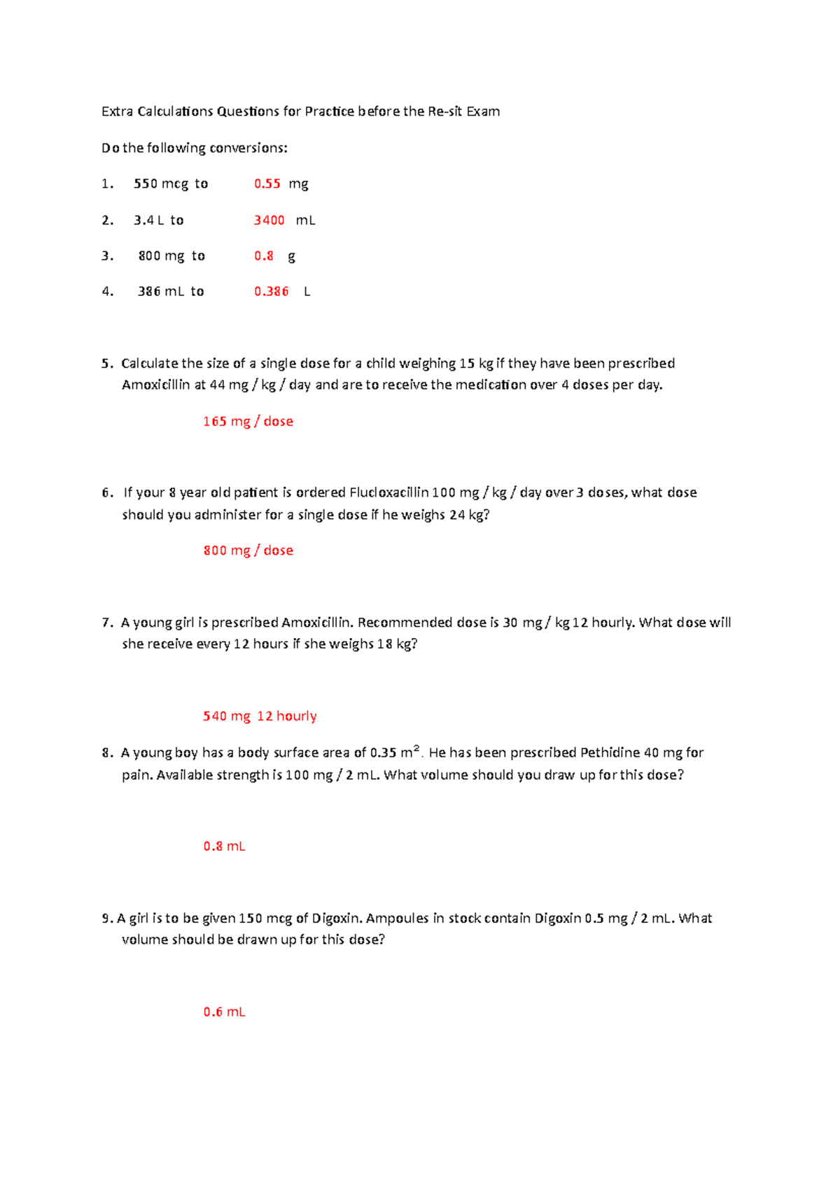 Medication Calcujlation Worksheet - Extra Calculations Questions for ...