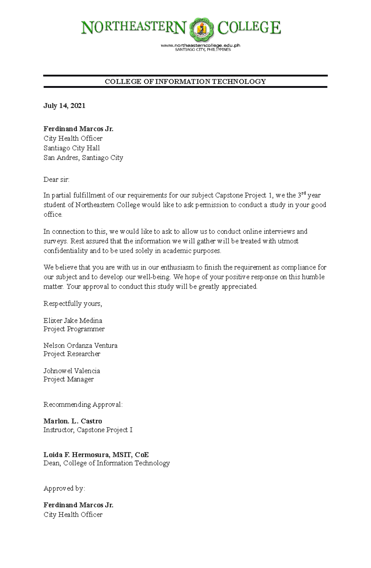 Request-letter-to-conduct-study 1 - COLLEGE OF INFORMATION TECHNOLOGY ...