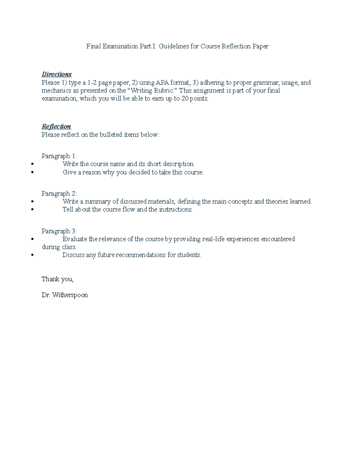Final Examination Part I (Guidelines for Course Reflection Paper ...