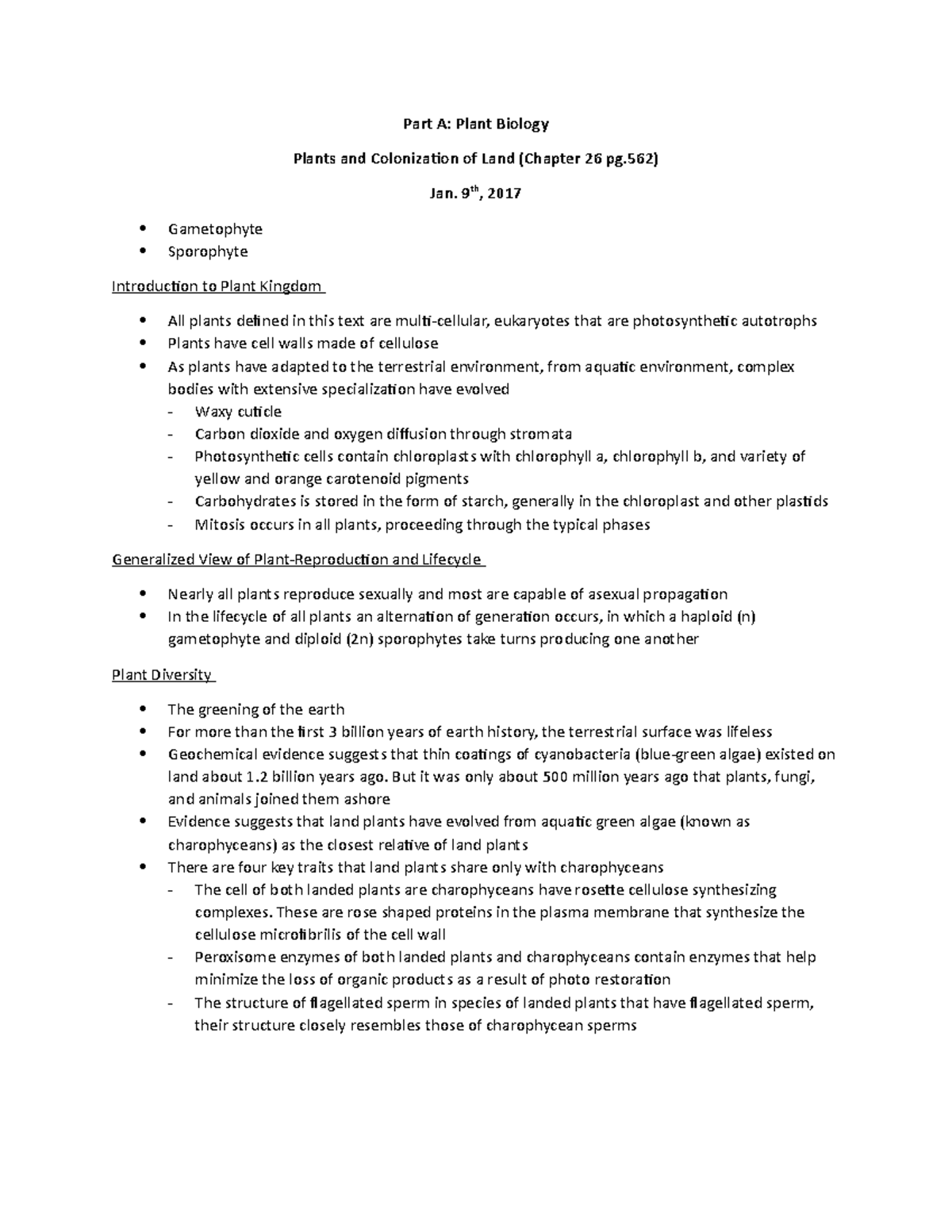 Plants and Colonization of Land Lecture Notes (Jan. 9, 2017) - Part A ...