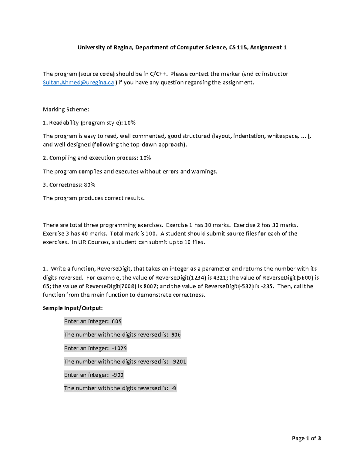 Assignment-1 (Fall) - Page 1 of 3 University of Regina, Department of ...