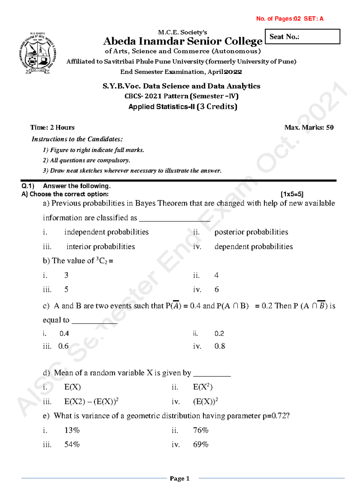 Applied Statistics -II SET A - Page 1 M.C. Society’s Abeda Inamdar ...