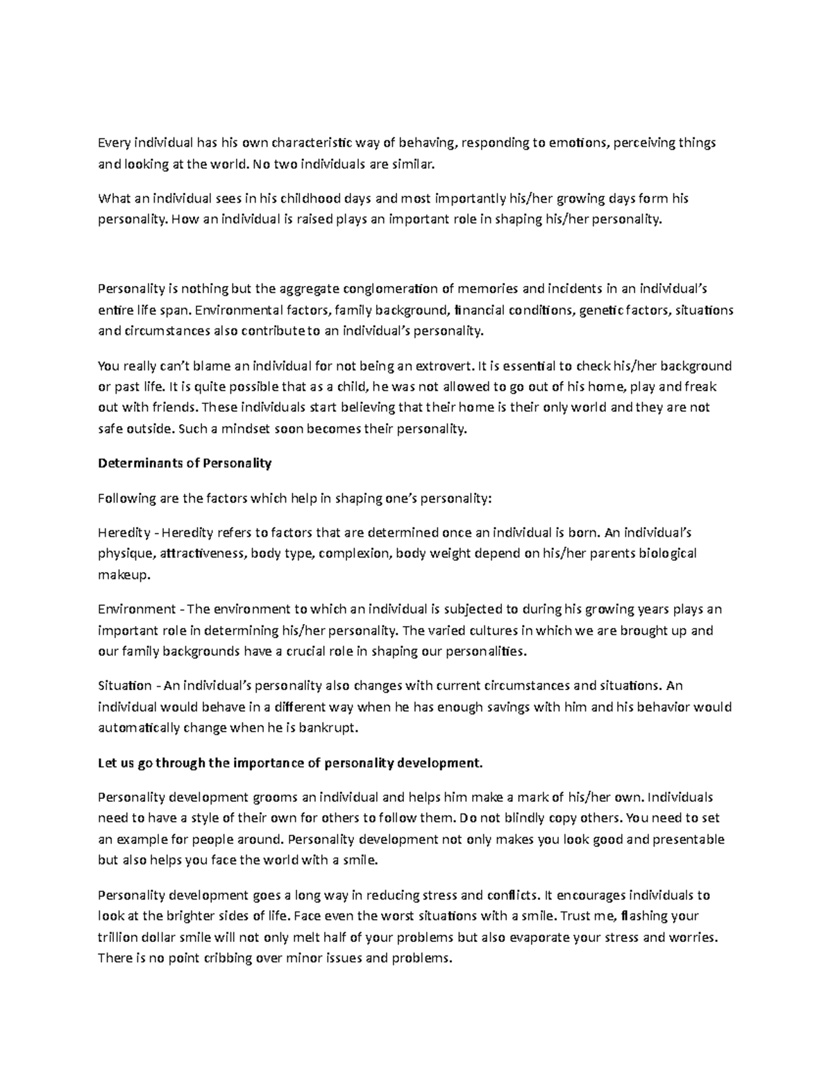 PERSONALITY DEVELOPMENT NOTES - Every individual has his own ...