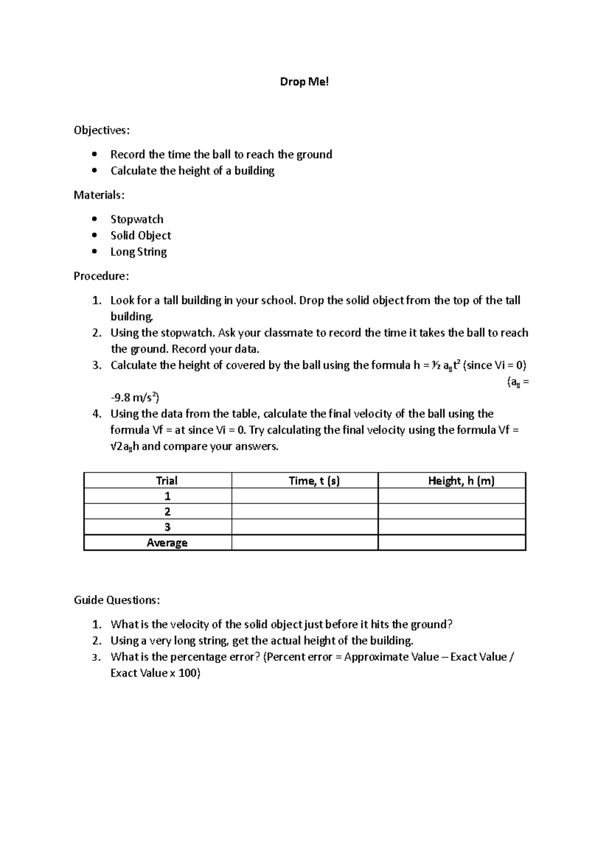Drop Me - SIMPLE NOTES FOR LECTURE - Drop Me! Objectives: Record the ...