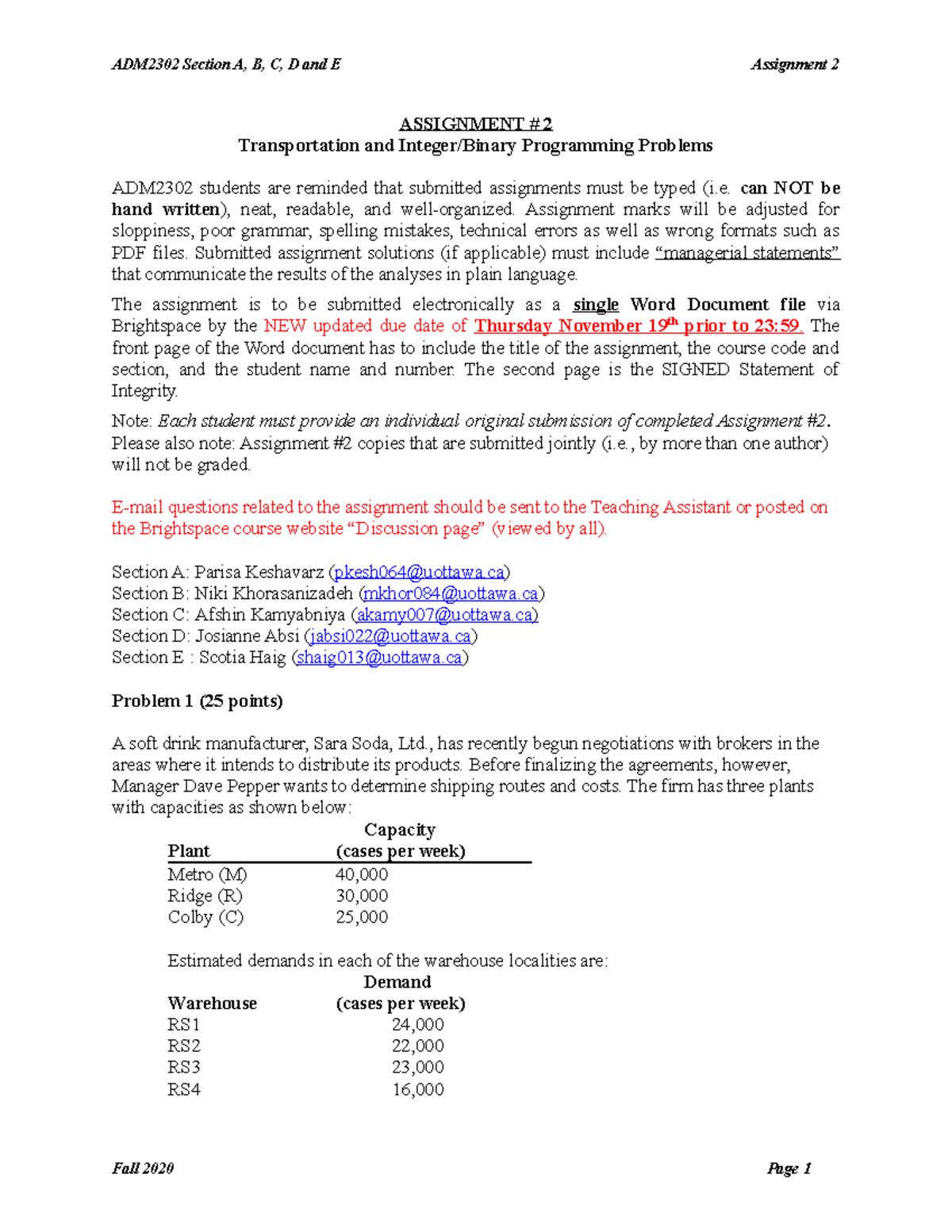 1. Assignment 2 Fall 2020 - ASSIGNMENT # 2 Transportation and Integer/Binary Programming ...