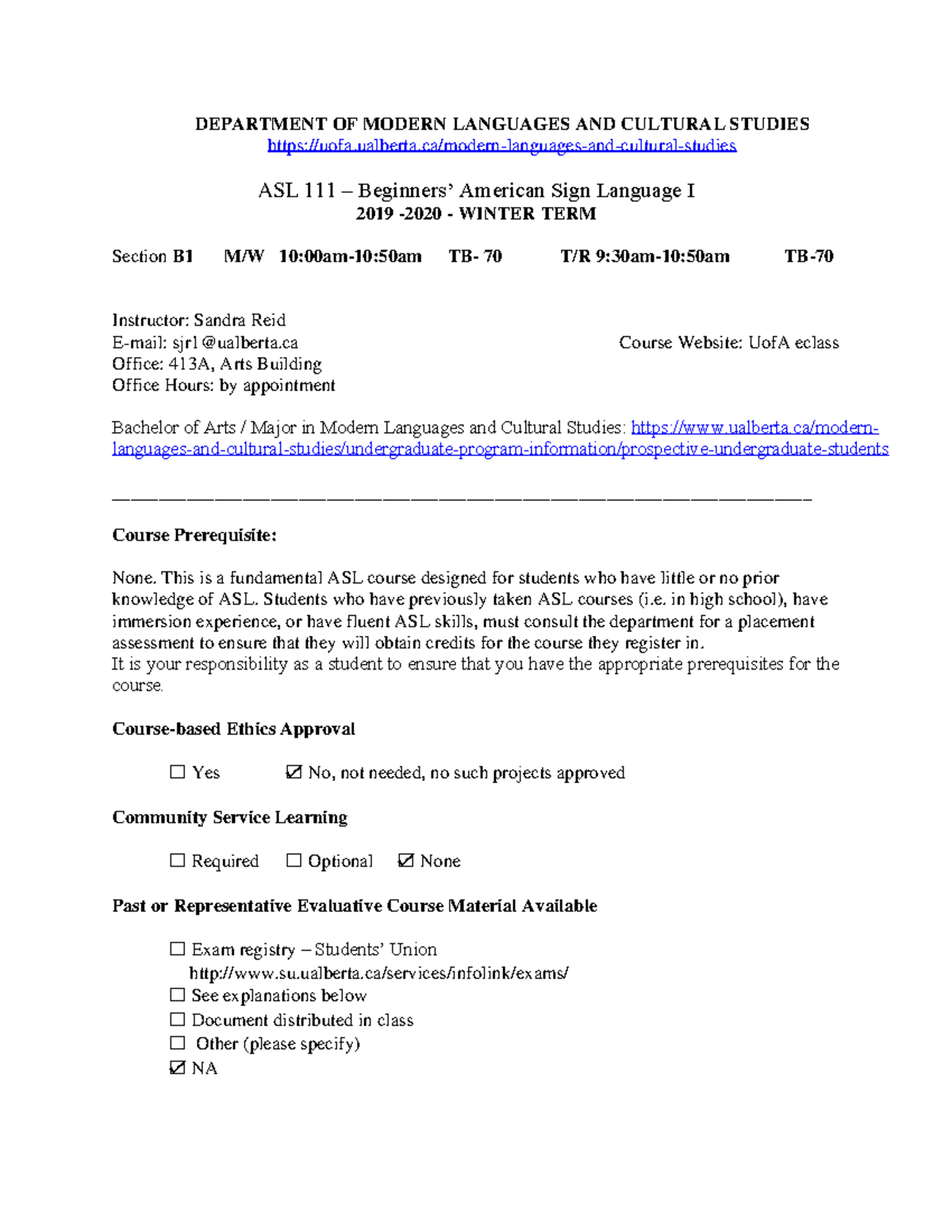 Beginners' American Sign Language 1 - DEPARTMENT OF MODERN LANGUAGES ...