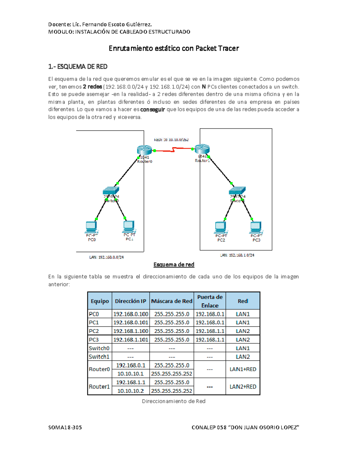 Config Red LAN Packet Tracer - MODULO: INSTALACIÓN DE CABLEADO ESTRUCTURADO Enrutamiento ...