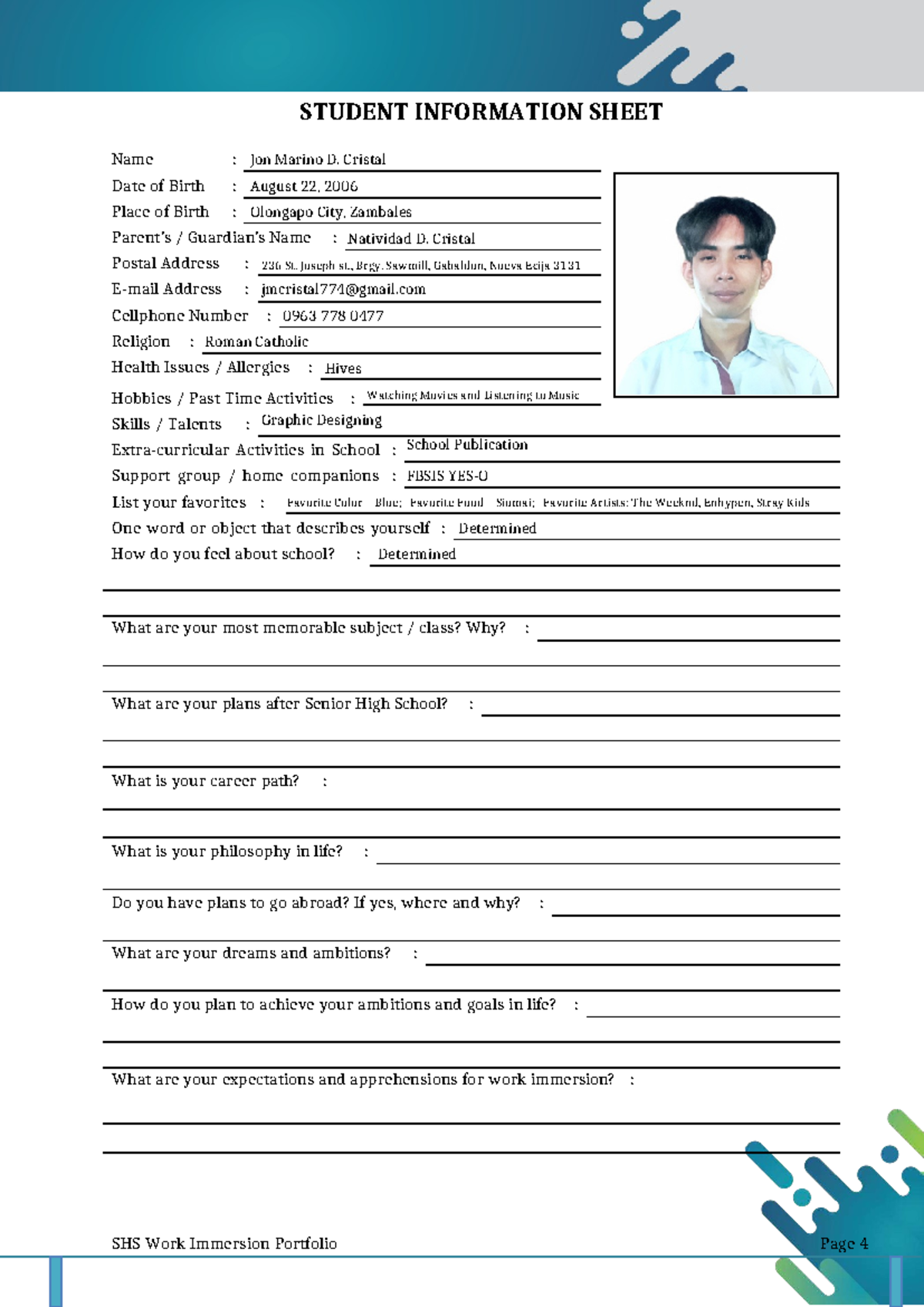 Student Information Sheet - SHS Work Immersion Portfolio Page 4 STUDENT ...