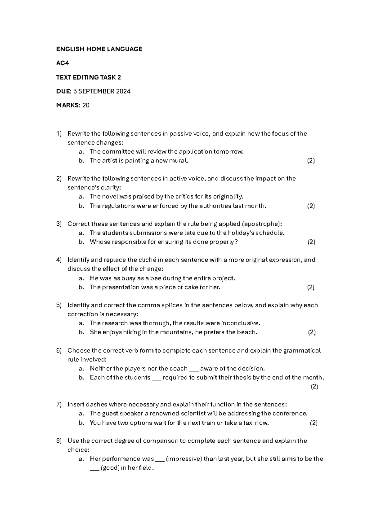 TEXT Editing TASK 2 AC4 Grade 11 - ENGLISH HOME LANGUAGE AC TEXT ...