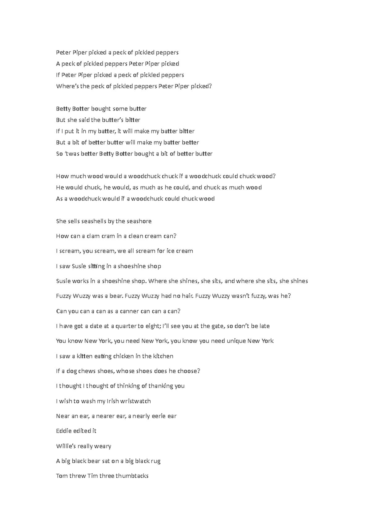 Tongue twisters - Peter Piper picked a peck of pickled peppers A peck ...