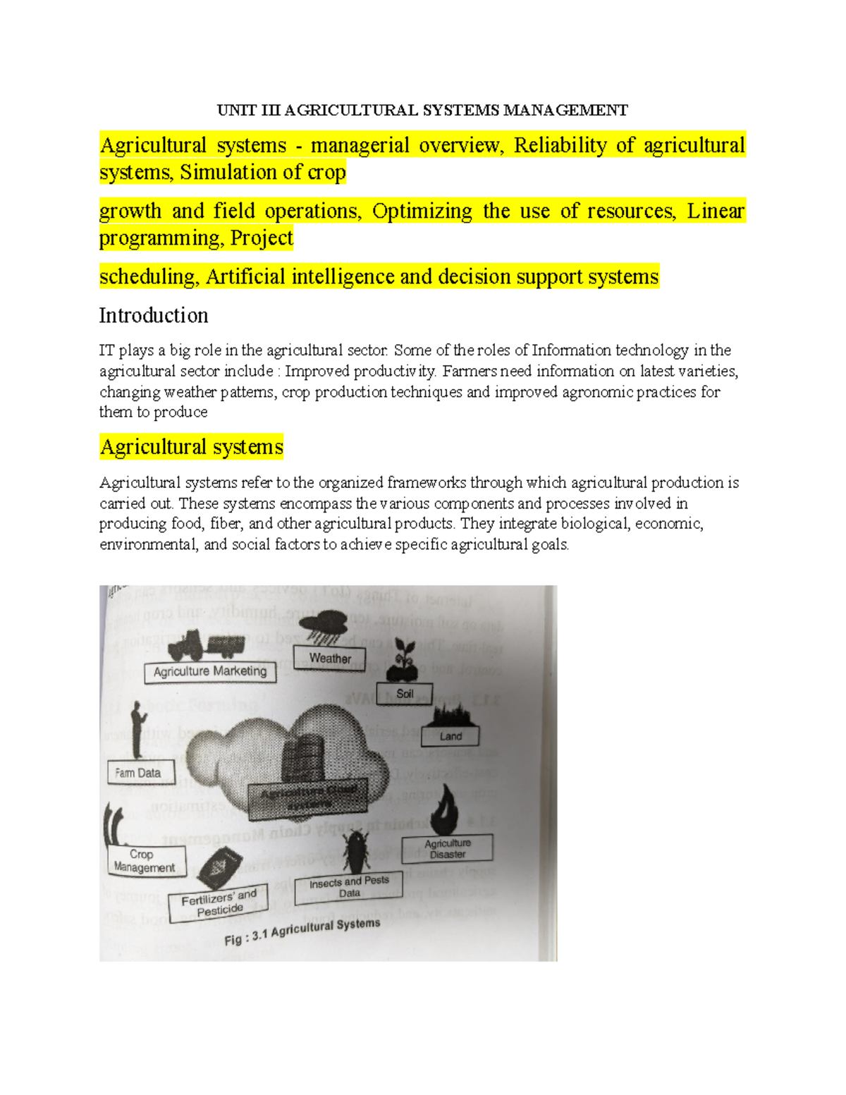 UNIT III Agricultural Systems Management - UNIT III AGRICULTURAL ...